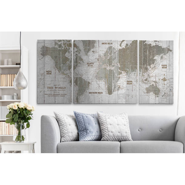 17 Stories Map Of World - 3 Piece Wrapped Canvas Print | Wayfair