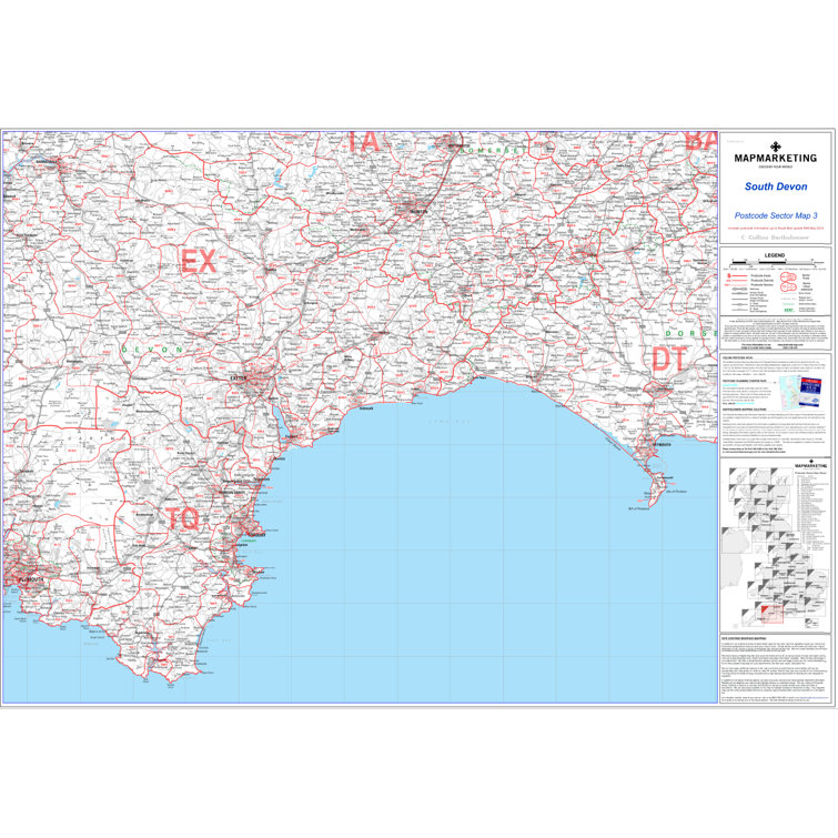 Williston Forge South Devon Detailed Postcode Wall Map With Area ...