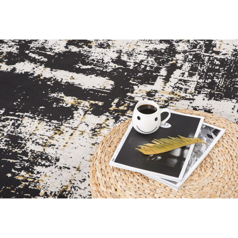 17 Stories Performance Neutral Ivory/Black/Gold Rug | Wayfair