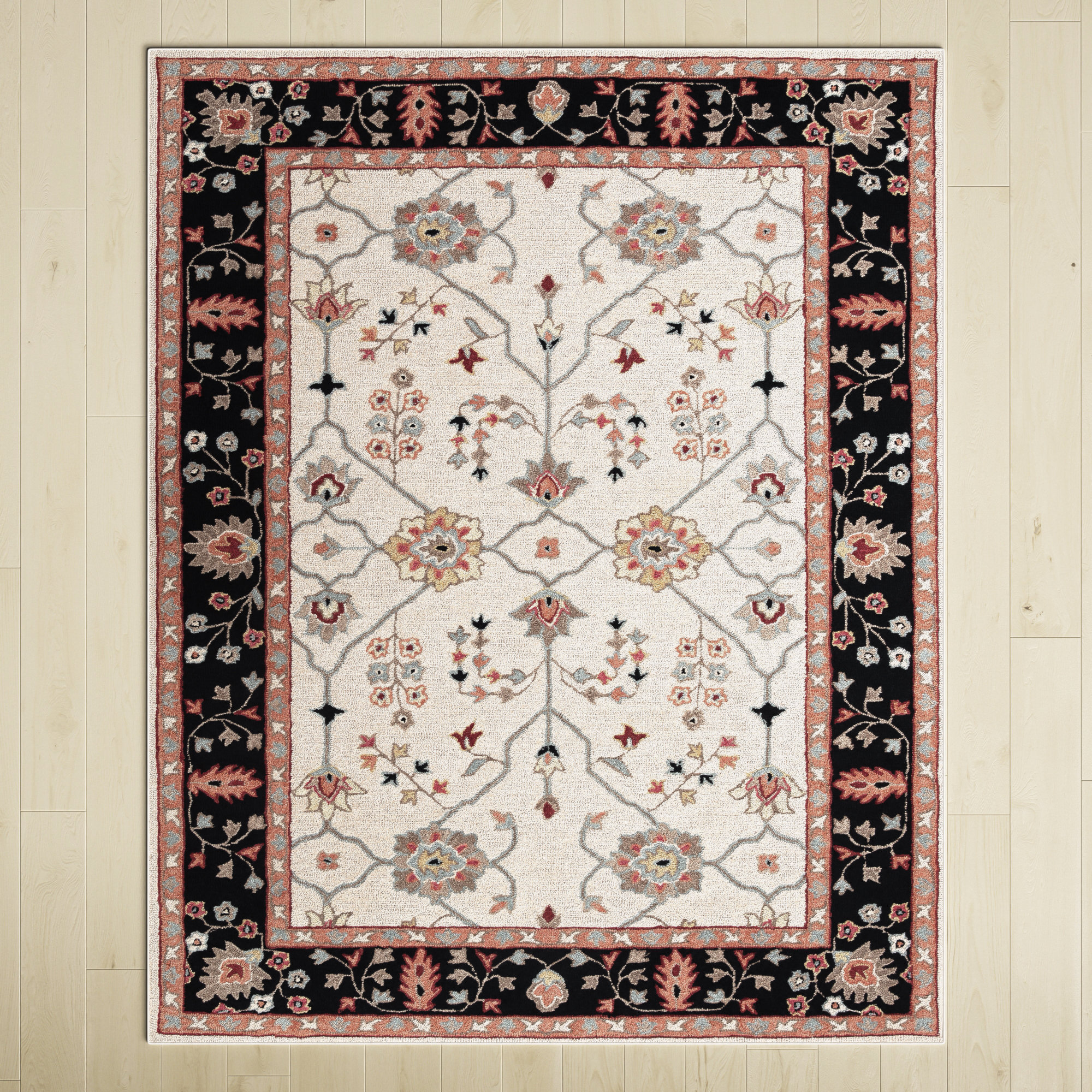 Birch Lane™ Bernard Oriental Hand Tufted Wool Beige/Black/Light Pink ...