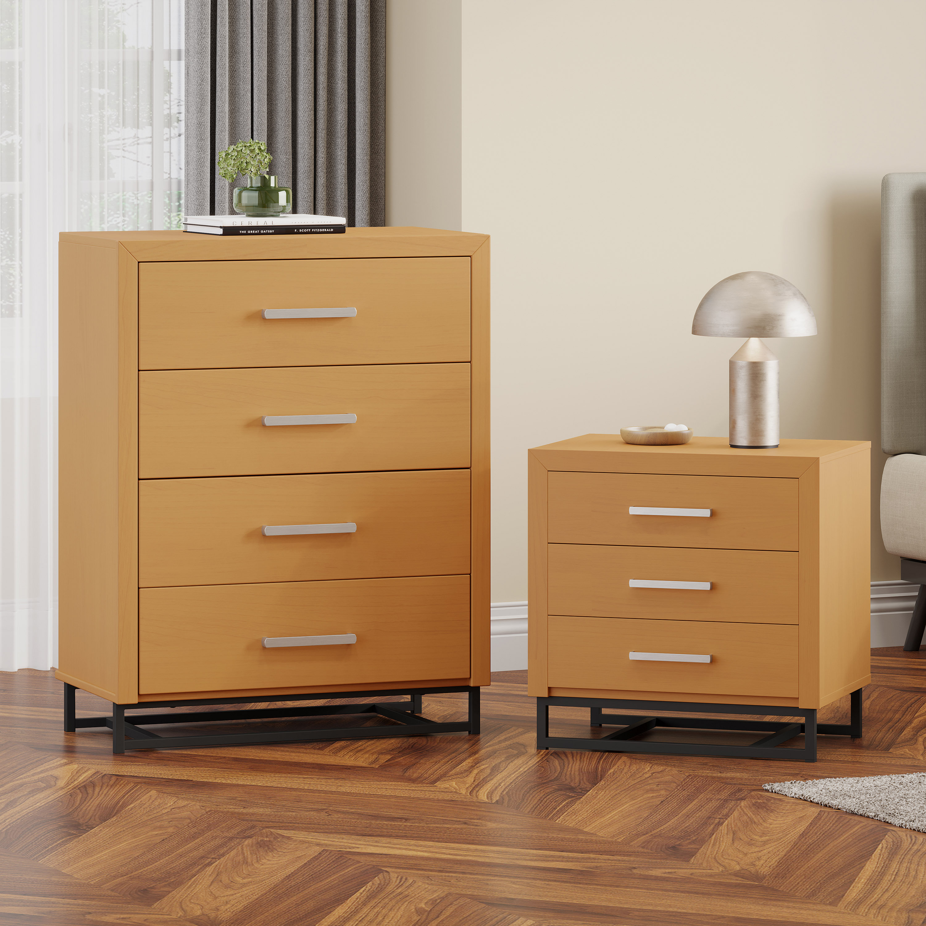 Ebern Designs Braden Faux Wood 2 Piece 4 Drawer Dresser And Nightstand ...