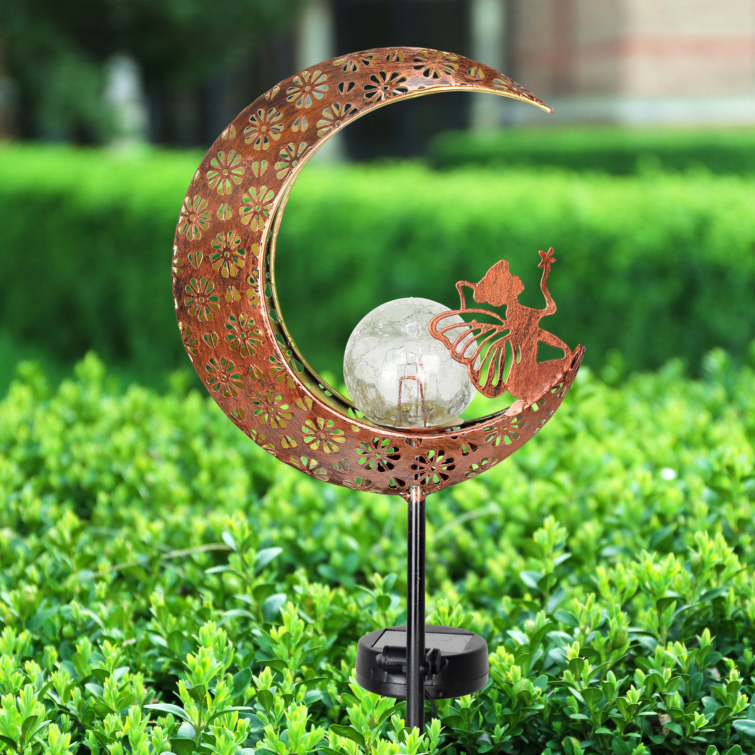 Exhart Solar Filigree Moon Stake with Glass Crackle Ball Center, 7 by ...