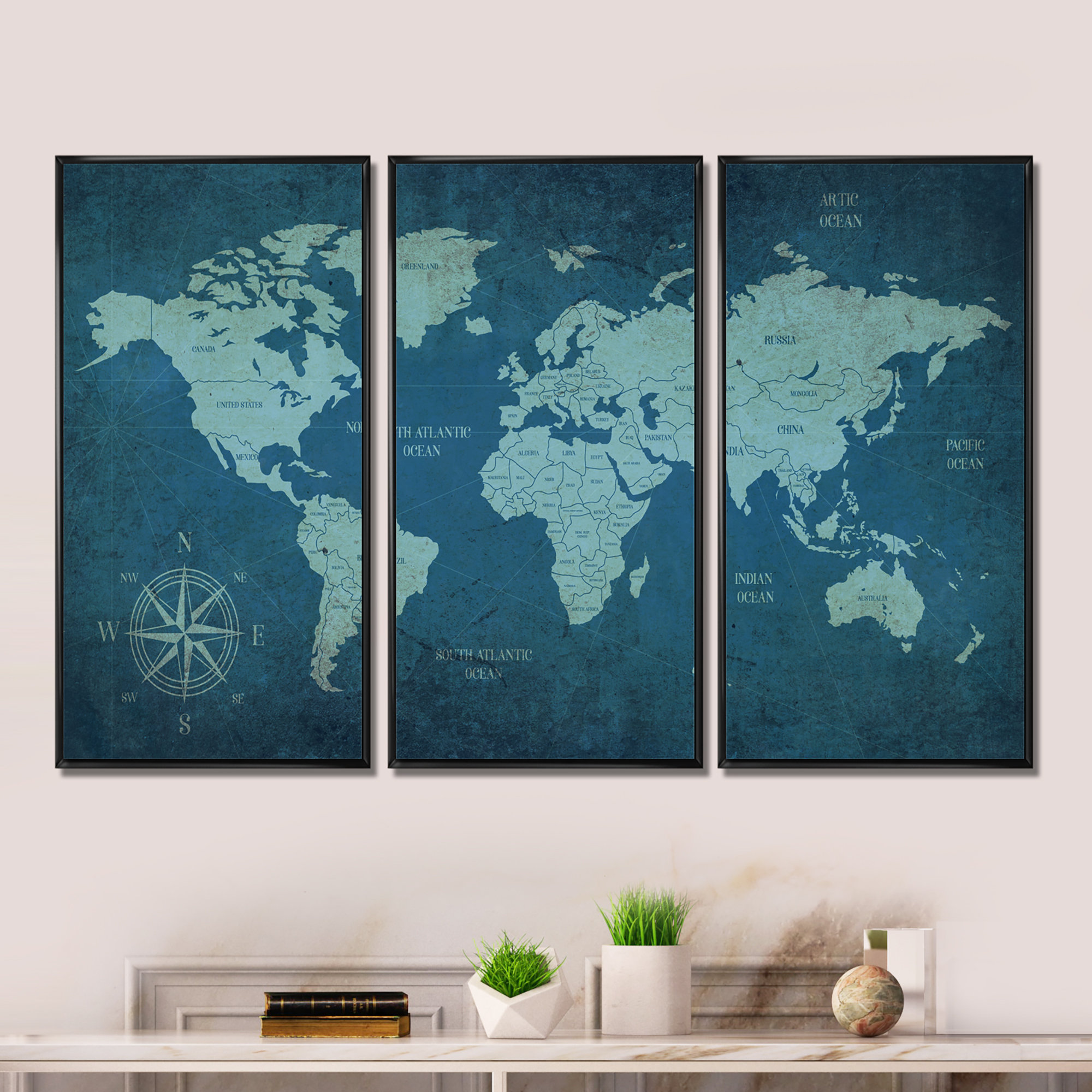 Breakwater Bay Slate World Map II Framed On Canvas 3 Pieces Print | Wayfair
