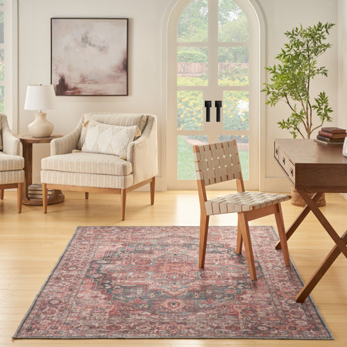 Nicole Curtis Machine Washable Oriental Blue/Brick Red Area Rug ...