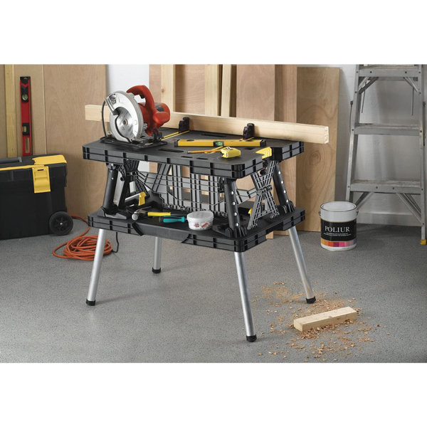 Keter Folding Portable Workbench Sawhorse with (2) 12" Clamps, Black ...