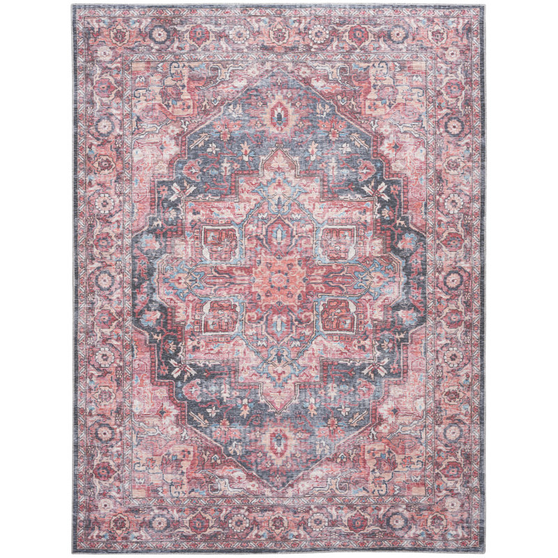 Nicole Curtis Machine Washable Oriental Blue/Brick Red Area Rug ...