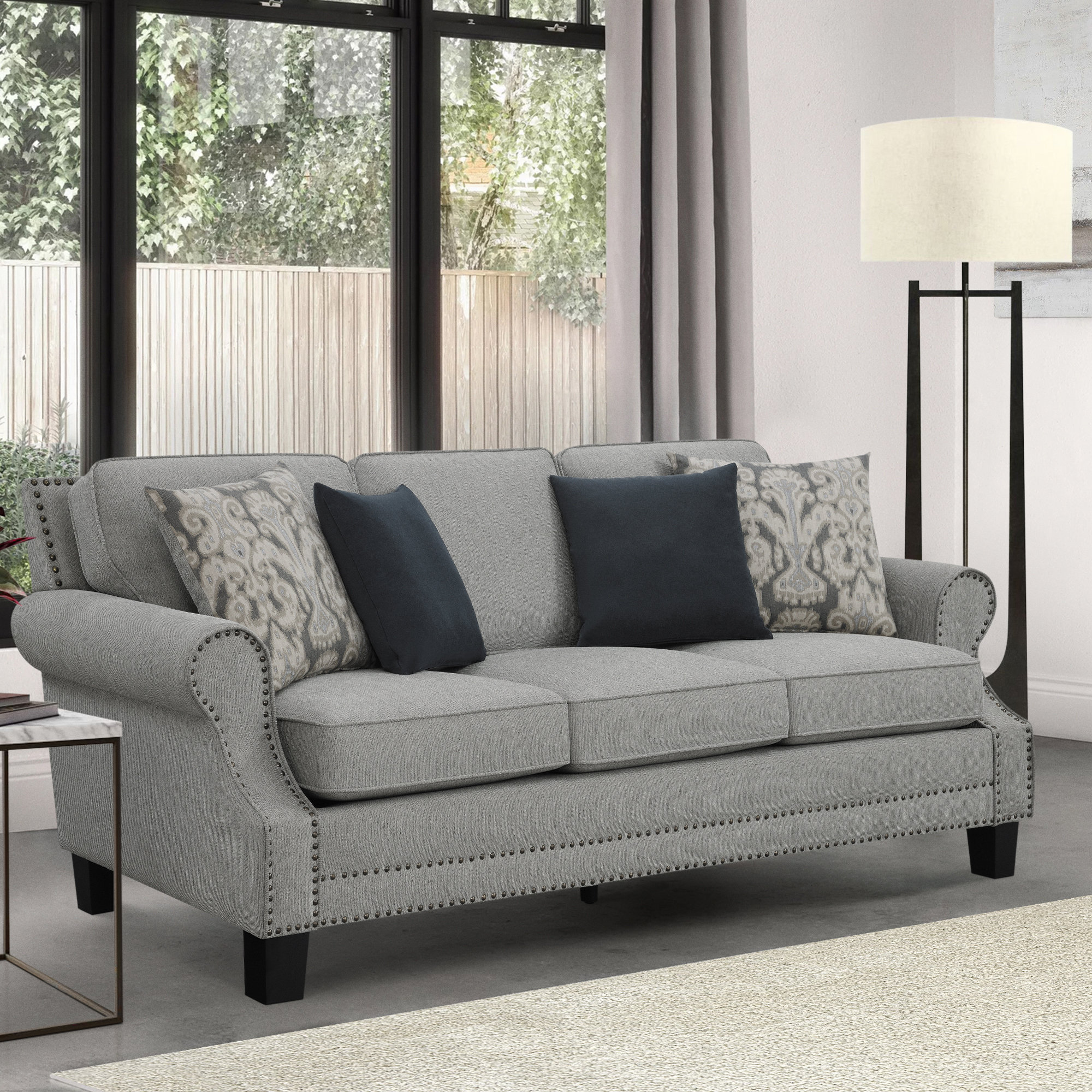 Winston Porter Marlon Grey Cushion Back Sofa with Nailhead Trim | Wayfair