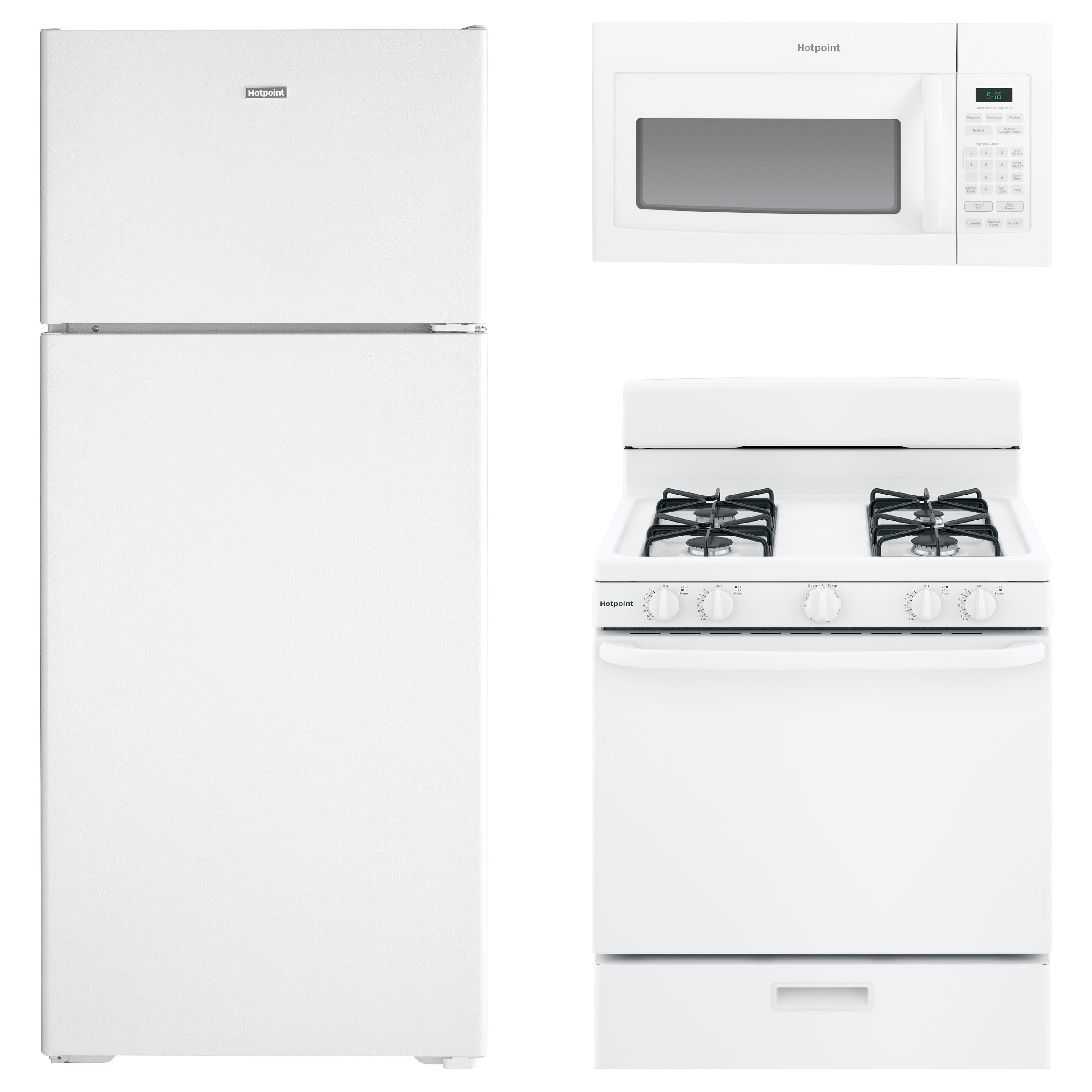 Hotpoint 3 Piece Kitchen Appliance Package with Top Freezer ...