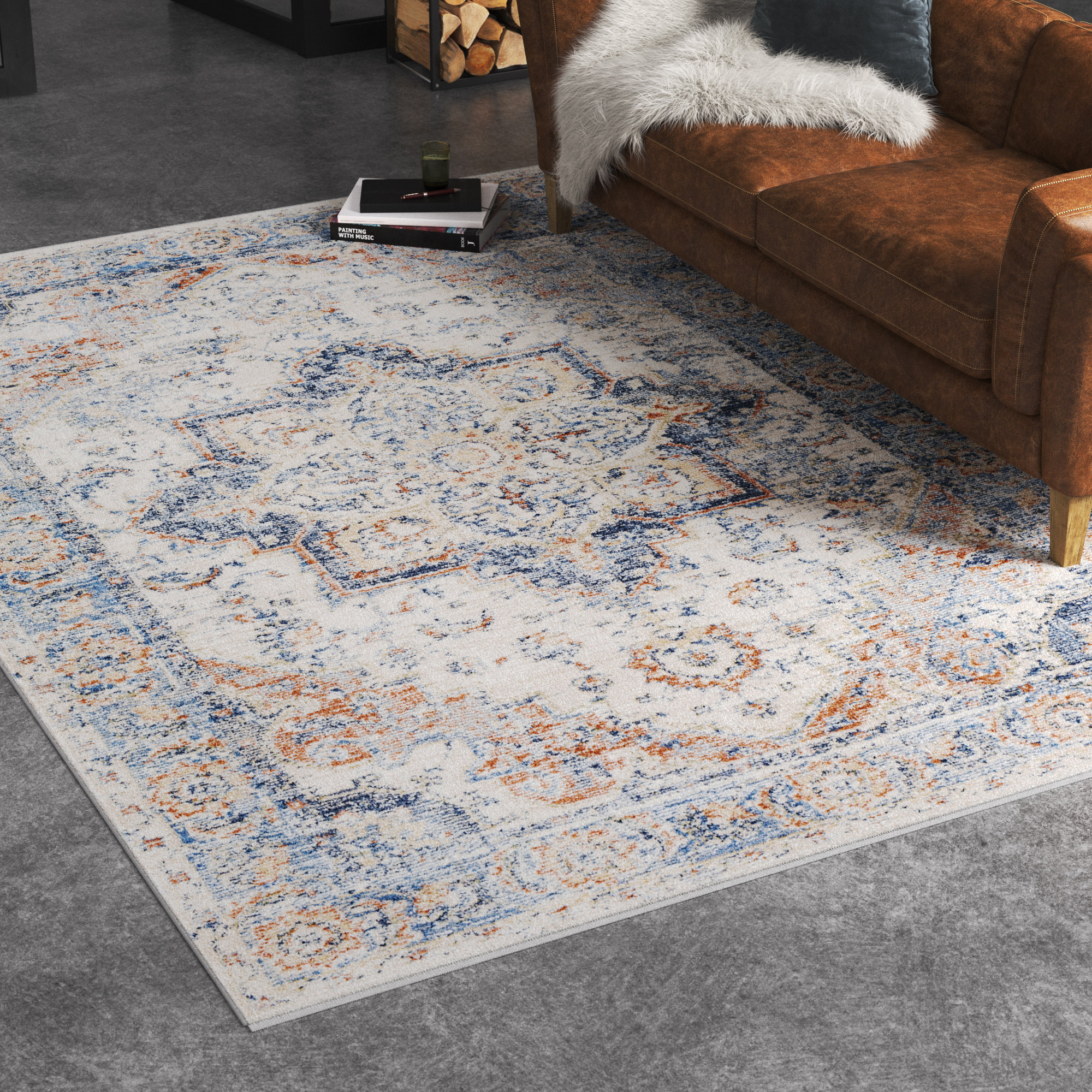 Steelside™ Randall Power Loom Performance Ivory/Blue/Rust Rug & Reviews ...