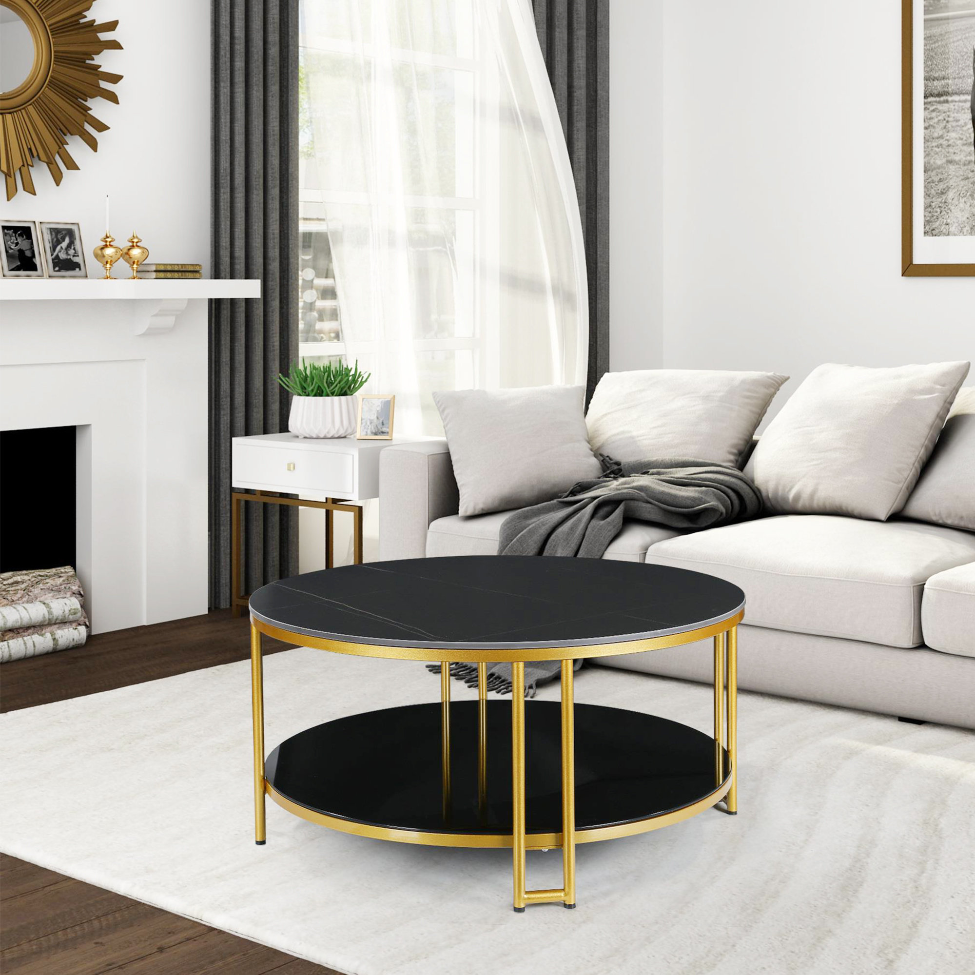 Everly Quinn Modern Black Round Coffee Table With Sintered Stone ...