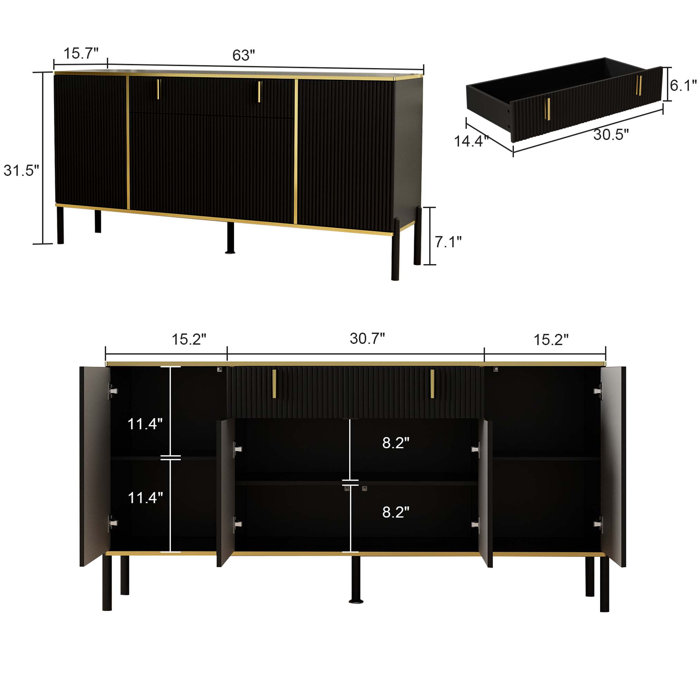 Mercer41 63 Inch Sideboard Buffet Storage Cabinet With Pop-Up Cabinet ...