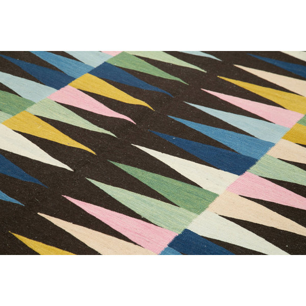 George Oliver Scrap Black Geometric Cotton Wool Hand Woven Area Rug ...