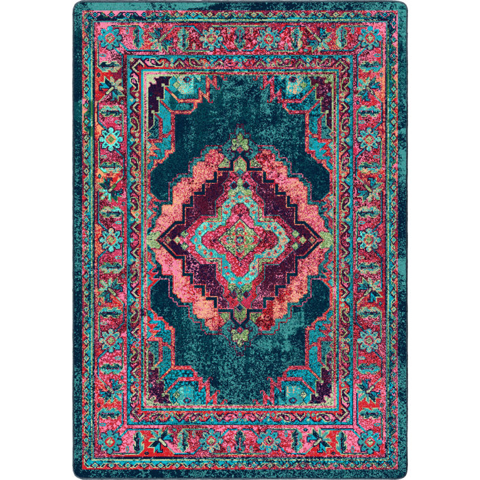 Bungalow Rose Rahaf Performance Dark Blue/Pink/Blue Rug | Wayfair