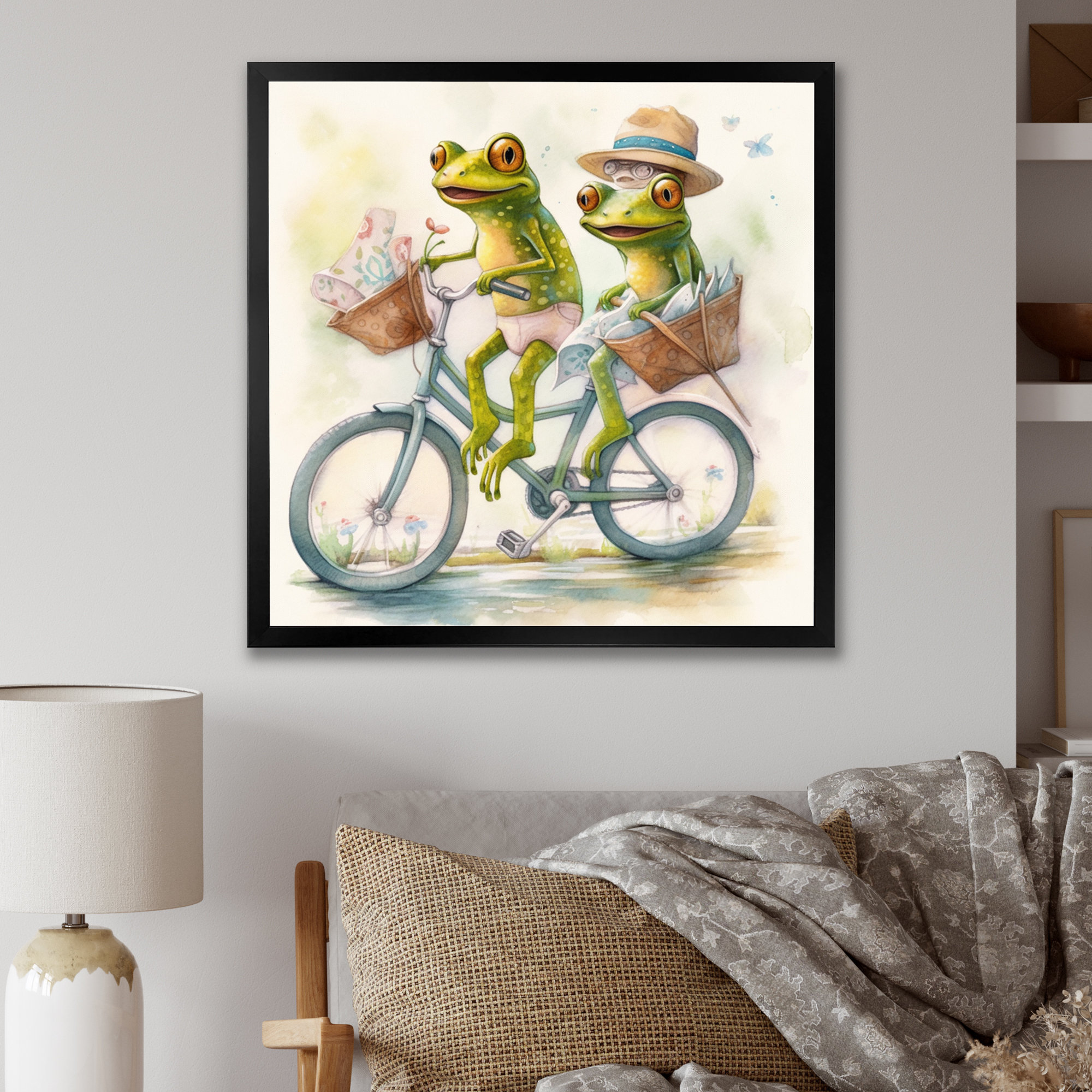 Trinx Green Frogs Riding A Bike On Canvas Print | Wayfair