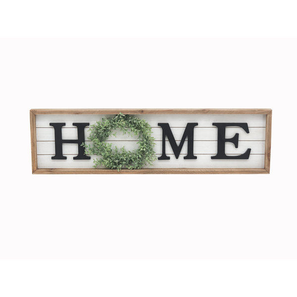 Gracie Oaks Wood Framed Home Sign With Green PVC Wreath | Wayfair
