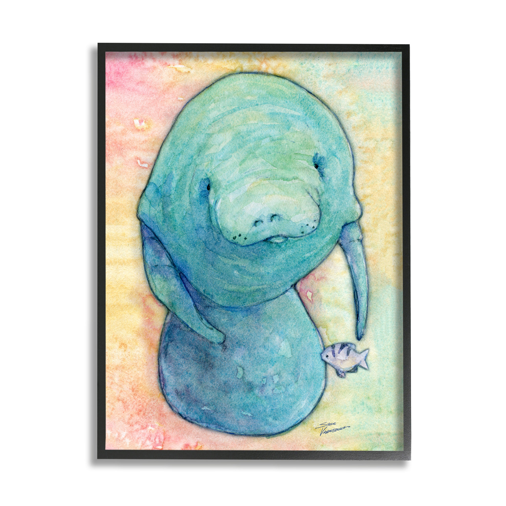 Stupell Industries Aquatic Manatee Among Fish by - Floater Frame ...