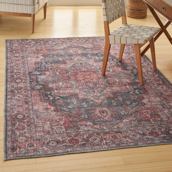 Nicole Curtis Machine Washable Oriental Blue/Brick Red Area Rug ...