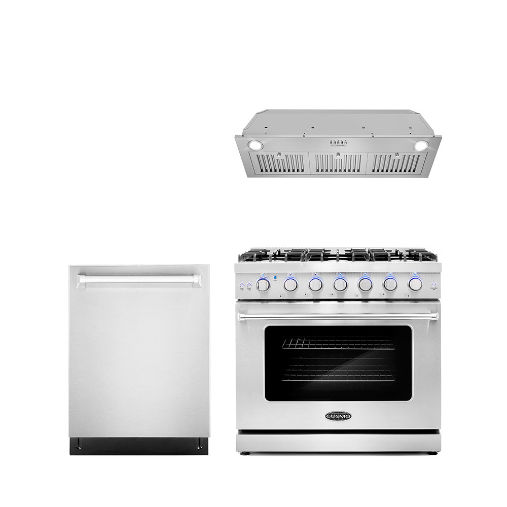Cosmo 3 Piece Kitchen Appliance Package with 36'' Gas Freestanding ...