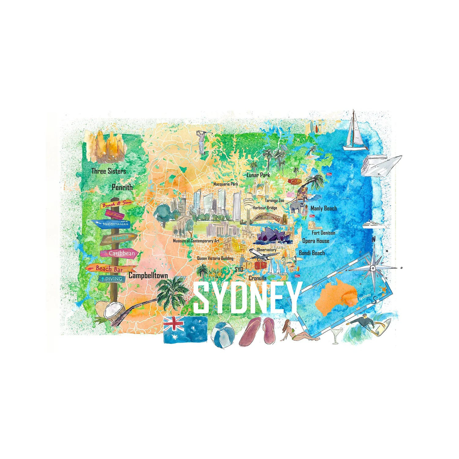East Urban Home Sydney Australia Illustrated Map With Main Roads ...