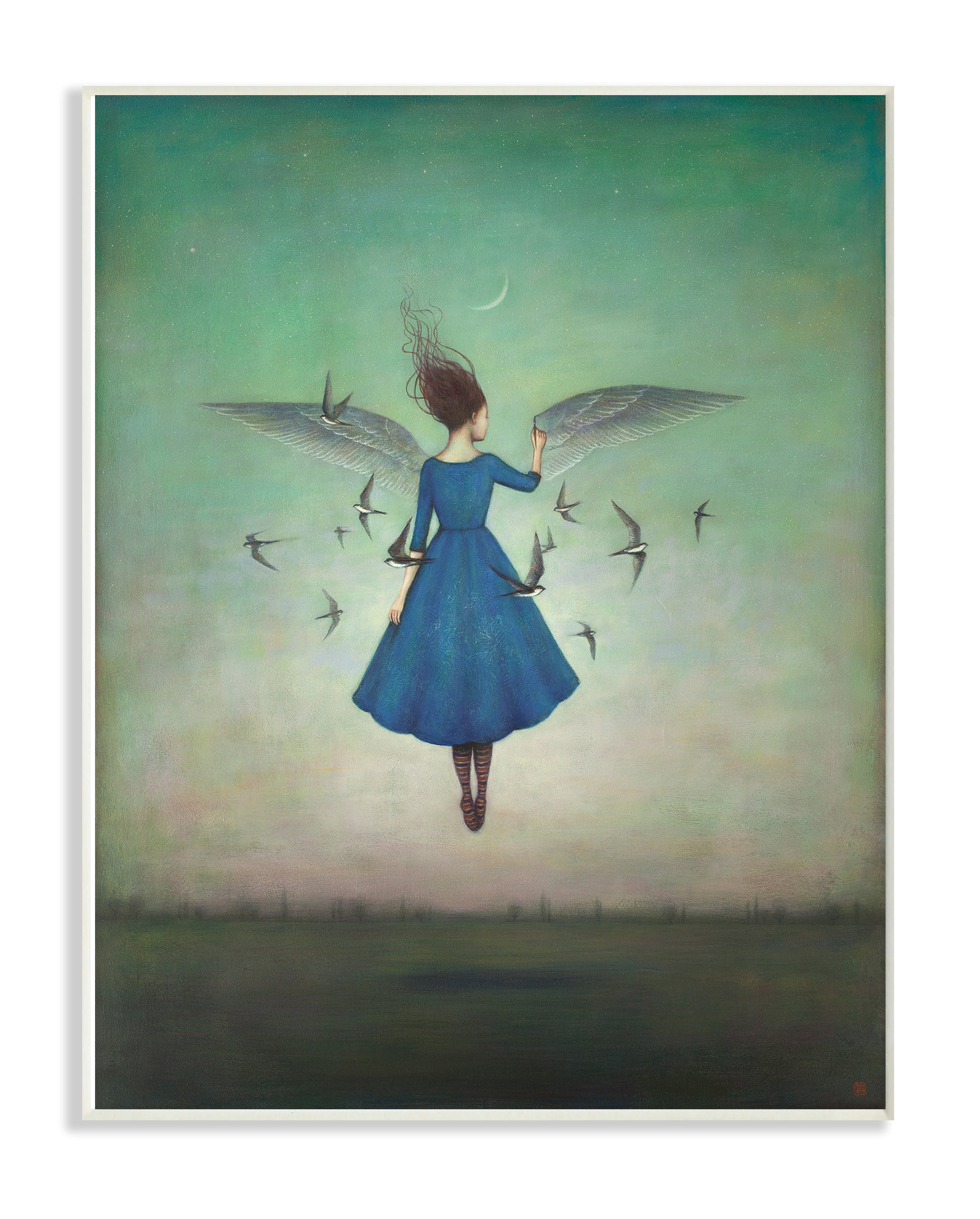 Wrought Studio Beauty And Birds At Night Blue And Teal Illustration by ...