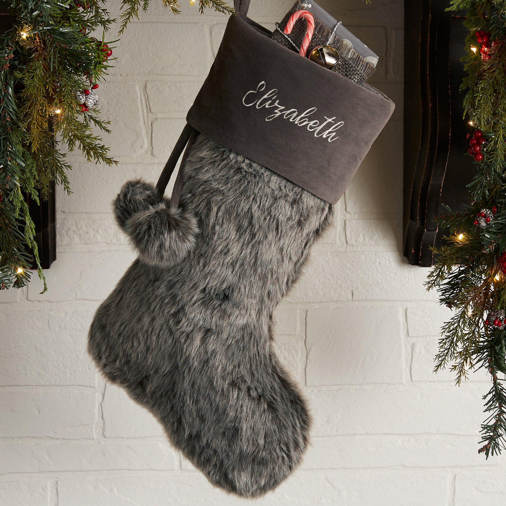 Personalization Mall Embroidered Grey Faux Fur Christmas Stocking | Wayfair