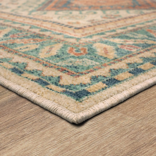 Steelside™ Braedon Performance Tan/Aqua Blue/Coral Rug & Reviews | Wayfair