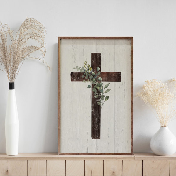 Trinx Cross With Greenery Whitewash - Picture Frame Graphic Art on Wood ...