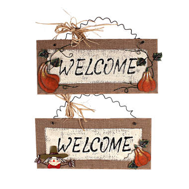 AttractionDesignHome 2 Piece Wood/Linen Fall Welcome Sign Wall Décor ...