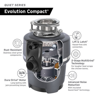 InSinkErator Evolution Compact 3/4 HP Continuous Feed Garbage Disposal ...