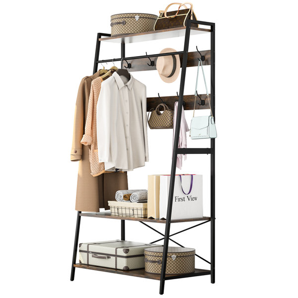 17 Stories Viridiana Industrial Metal Clothes Rack Wooden Storage ...