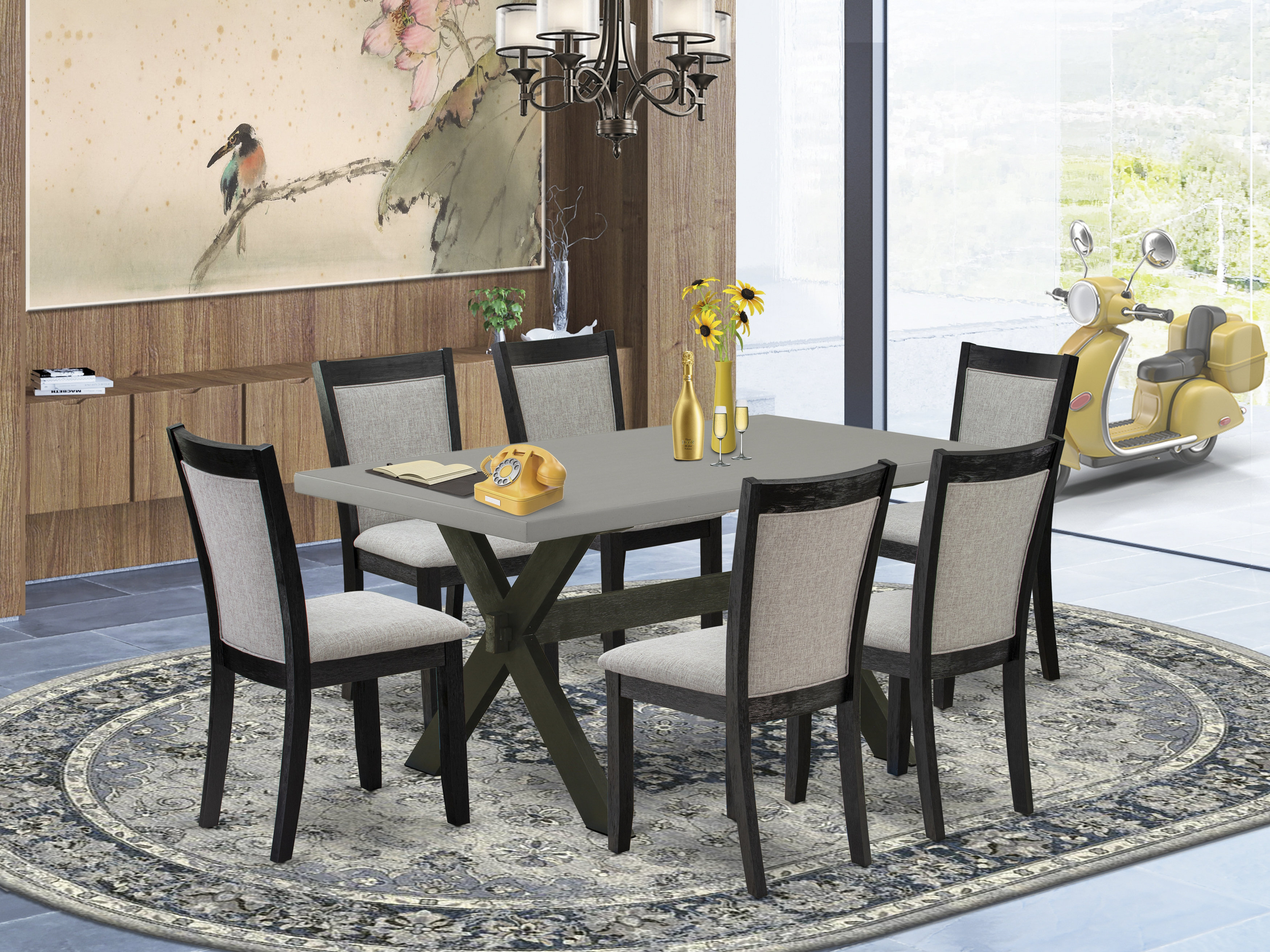 Gracie Oaks 7-PC Dining Room Set - A Wood Dining Table with Trestle Base and 6 Linen Fabric ...