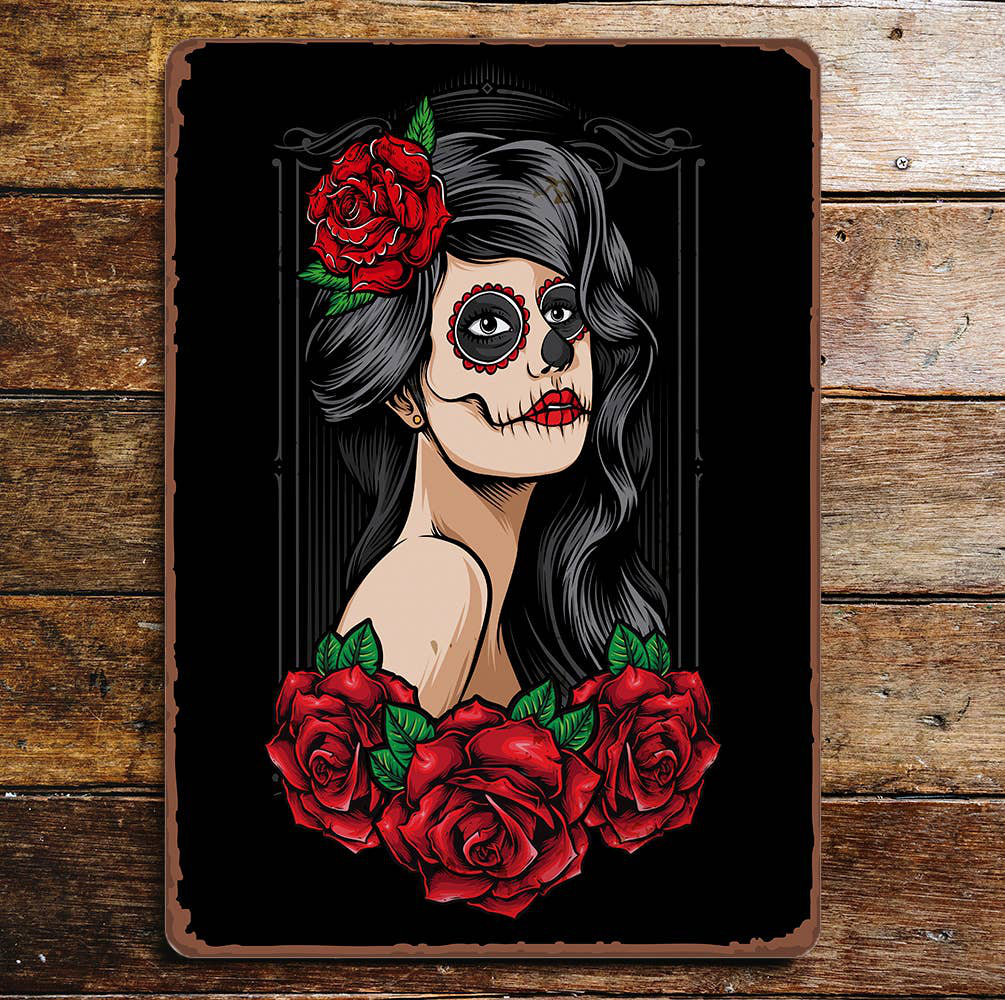 The Seasonal Aisle Day Of The Dead Lady Skull Roses - Metal Wall Sign ...
