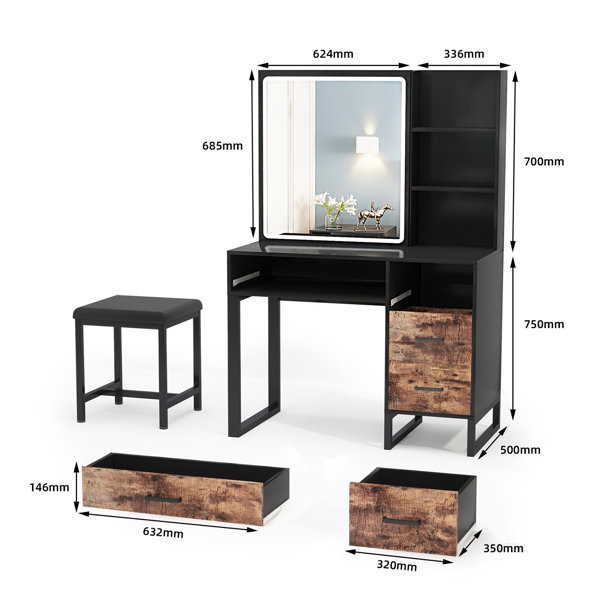 Millwood Pines Ipava Vanity Set With Lighted Mirror, Makeup Vanity ...