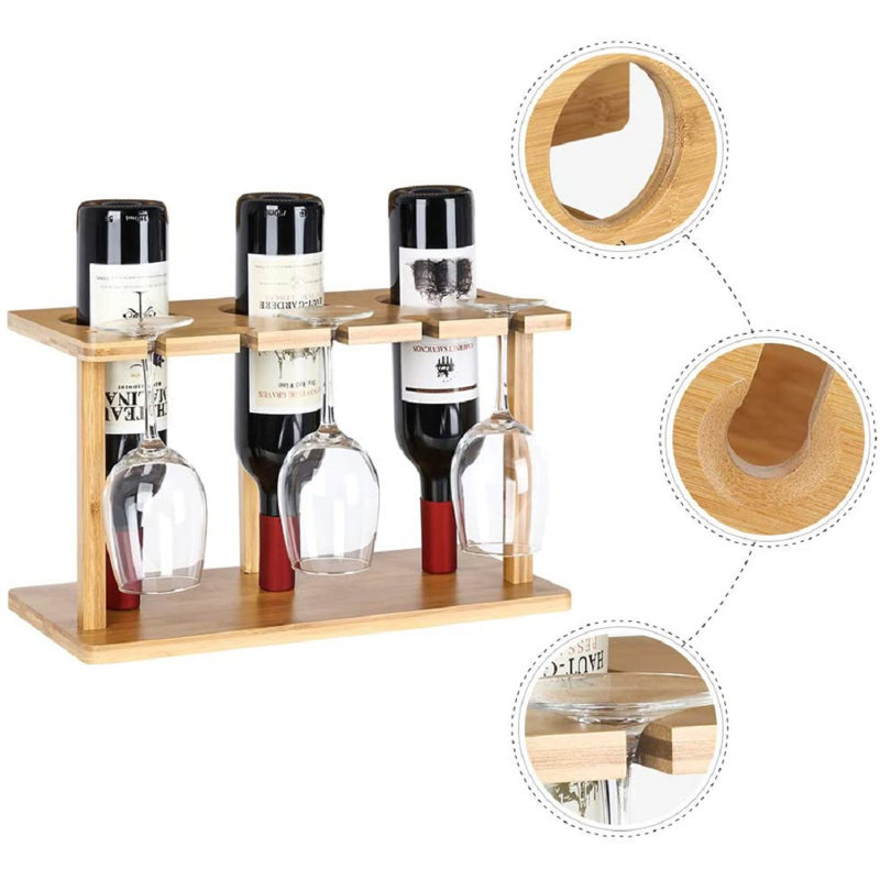 Ebern Designs Amyna 3 Bottle Solid Wood Tabletop Wine Bottle & Glass ...