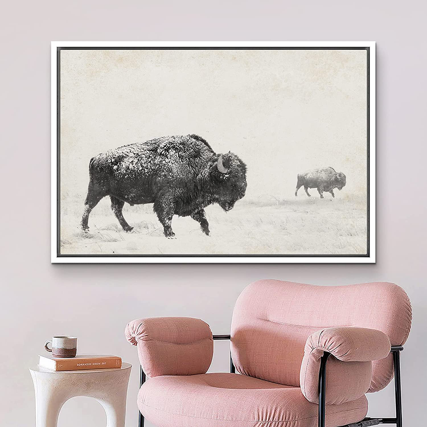SIGNLEADER Black & White Bison Buffalo Landscape - Floater Frame Print ...