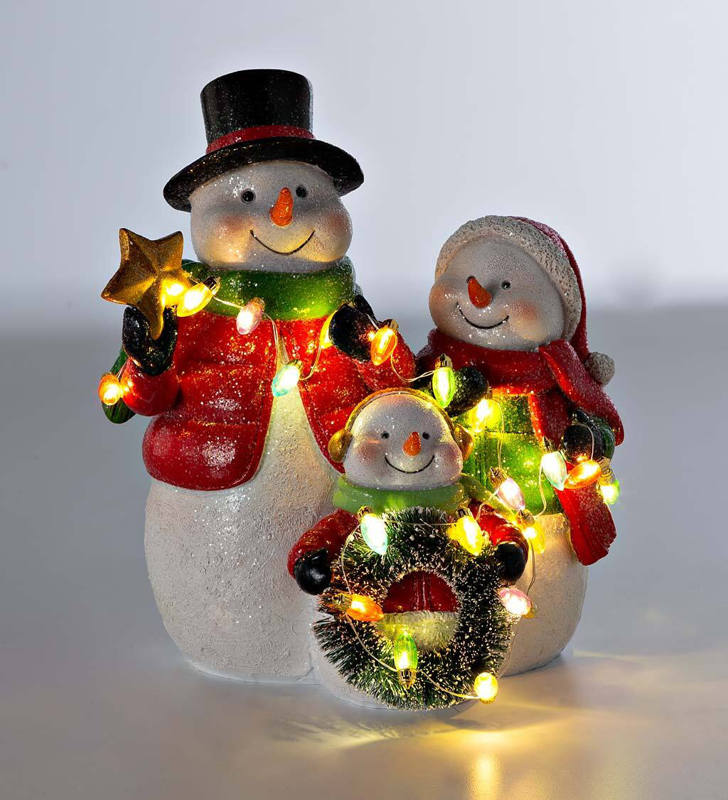 Plow & Hearth 3 Piece Snowman Figurine Set with Christmas Lights | Wayfair