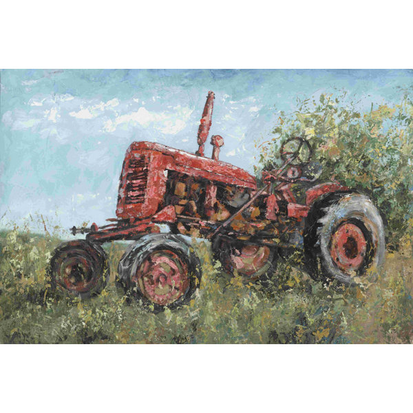 August Grove® Painted Red Tractor - Wrapped Canvas Painting | Wayfair