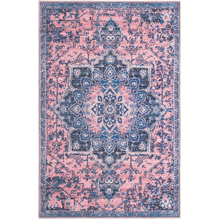 Bungalow Rose Mcelhannon Performance Pink/Navy Machine Washable Rug ...