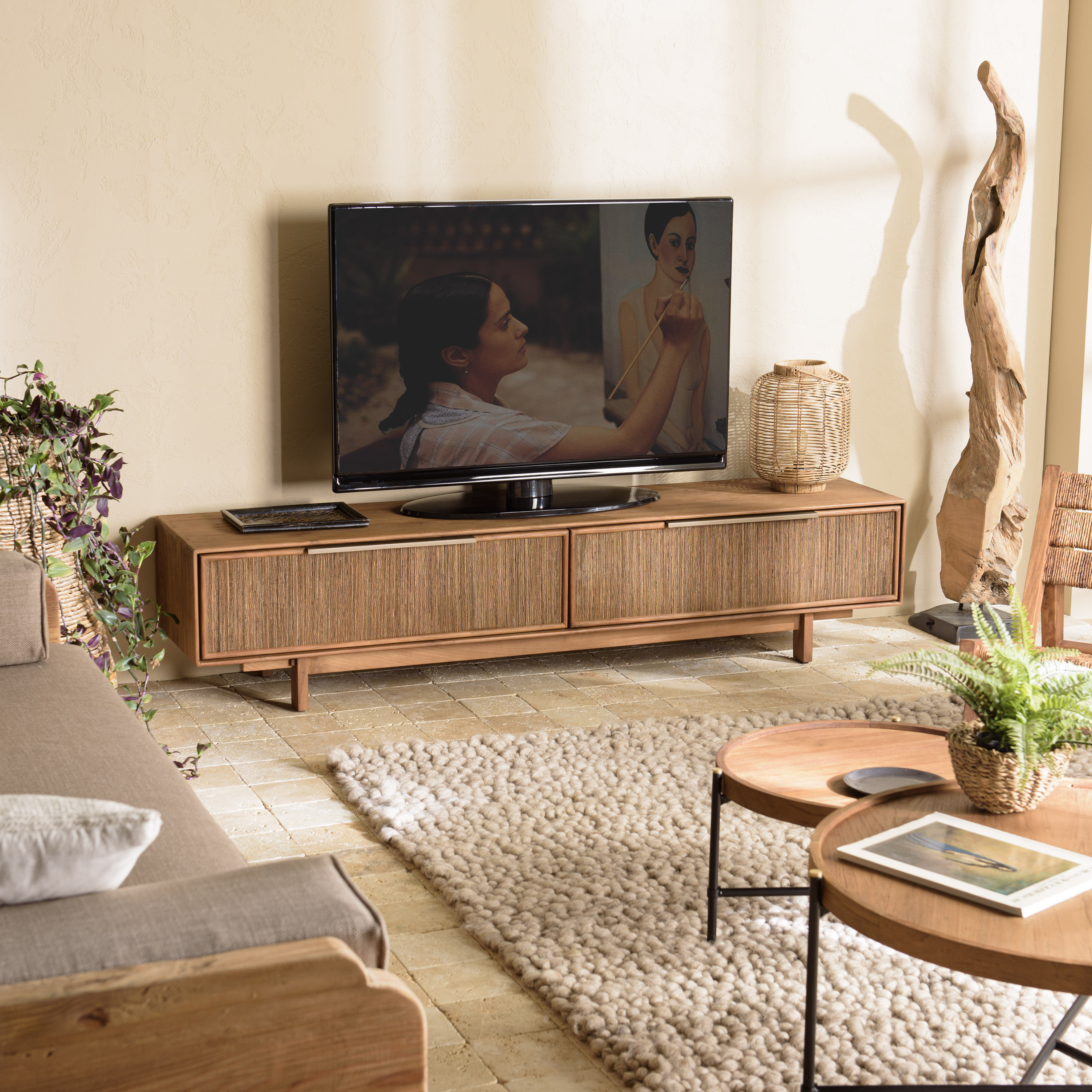 Ebern Designs 2 Drawer TV Stand In Reclaimed Teak Wood And Natural ...