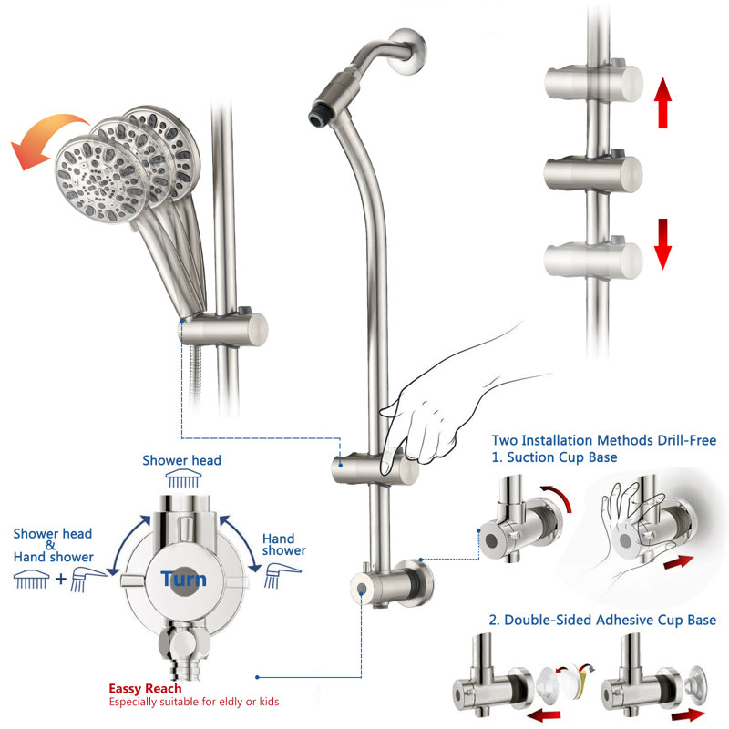 MAXWELL Slide Bar Combo Rain Showerhead 7-Setting Hand, Dual Shower ...