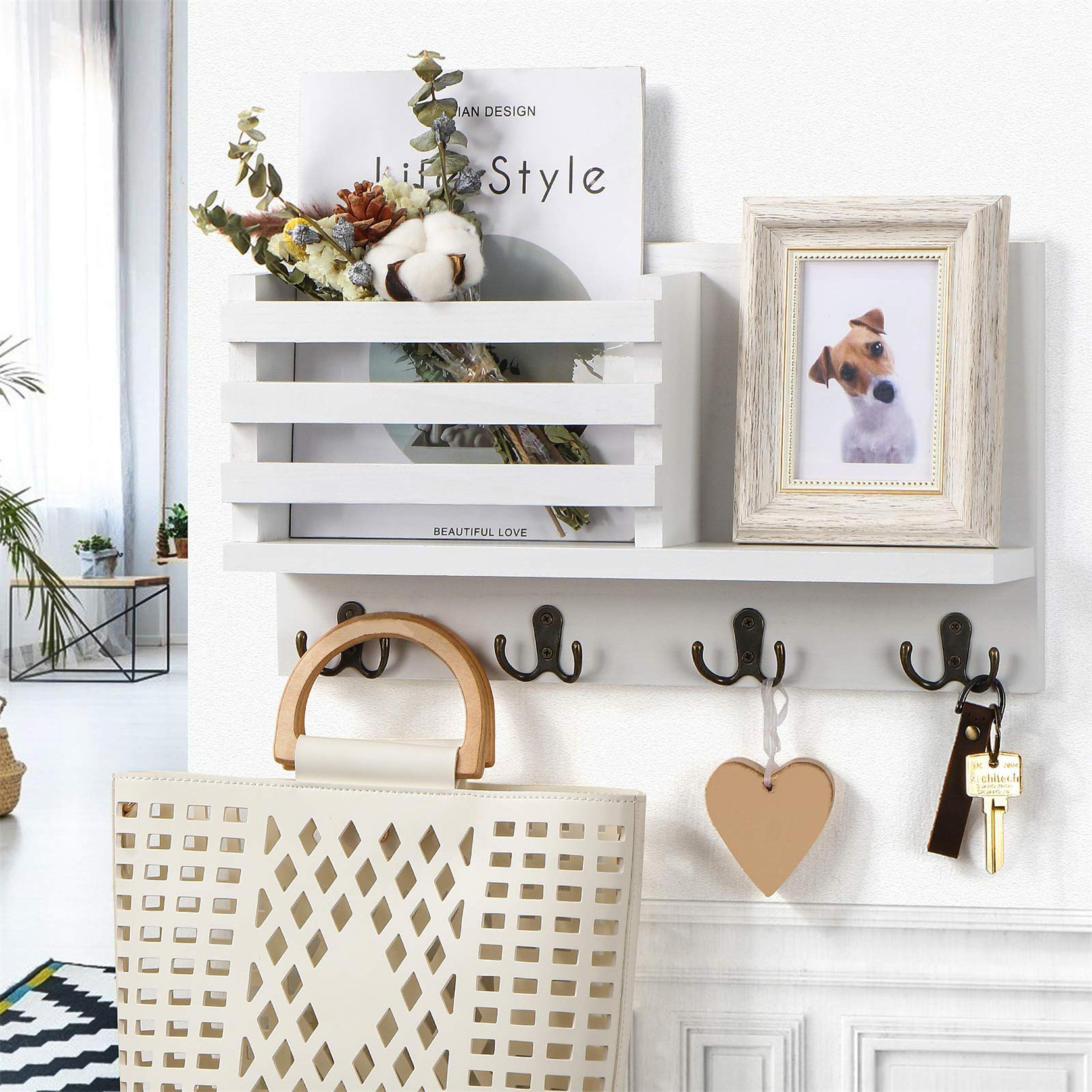 HomCom Rustic Wall Mail Organizer with Key Hooks | Wayfair