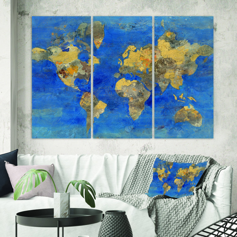 East Urban Home Golden Glam World Map - 3 Piece Wrapped Canvas Painting ...