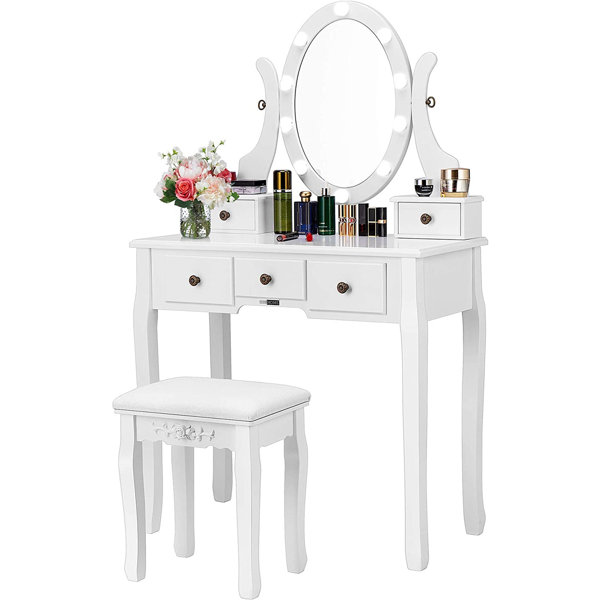 Rosdorf Park HayterMakeup Vanity Set with Rotating Lighted Mirror and ...