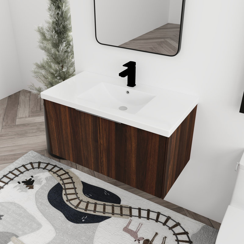 EXULLMODE 36" Wall Mounted Single Bathroom Vanity with Resin Vanity Top ...
