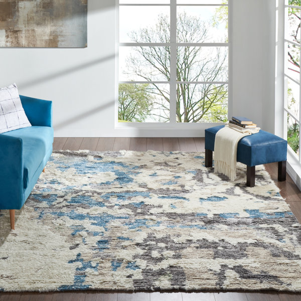 17 Stories Belue Handmade Hand-Knotted Wool Blue Rug | Wayfair