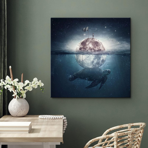 IDEA4WALL Surreal Fantasy Turtle With Moon Tropical Ocean Sea On Canvas ...