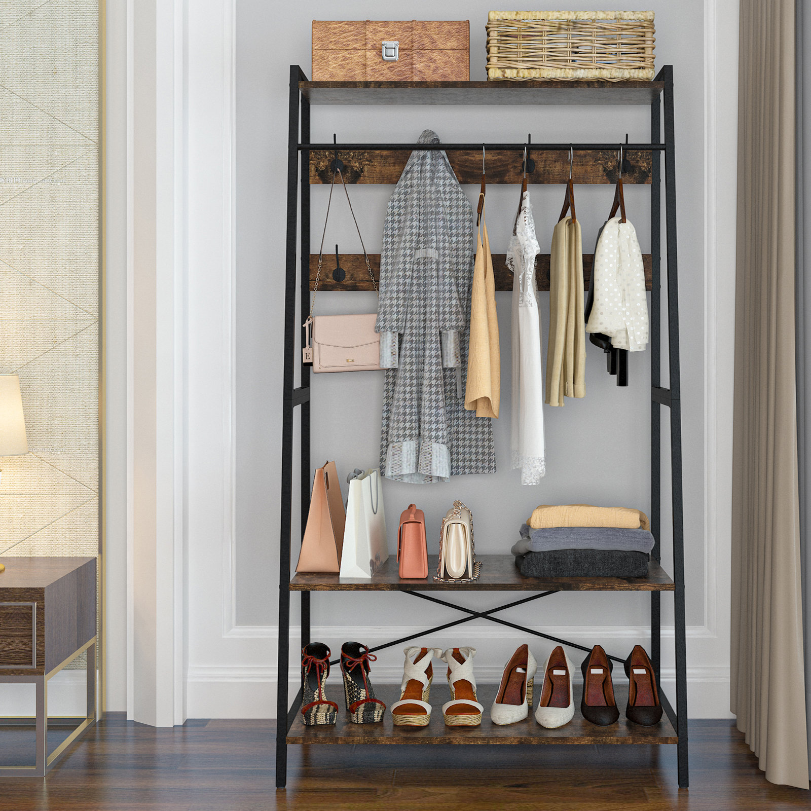 17 Stories Viridiana Industrial Metal Clothes Rack Wooden Storage ...