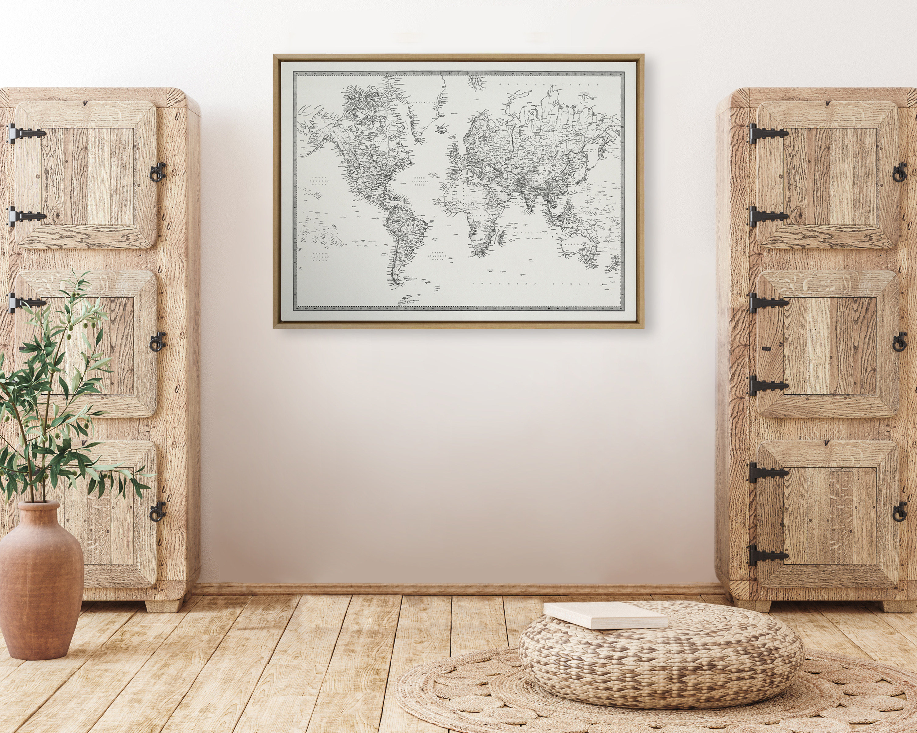 Longshore Tides Black And White World Map - Floater Frame Drawing Print ...