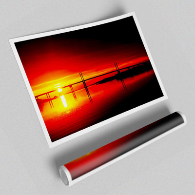 East Urban Home Red Pier Horizon Sunset - Unframed Graphic Art ...