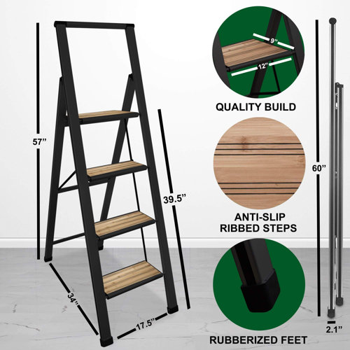 Sorfey Premium 4 Step Modern Bamboo Ladder. Lightweight, Ultra Slim ...